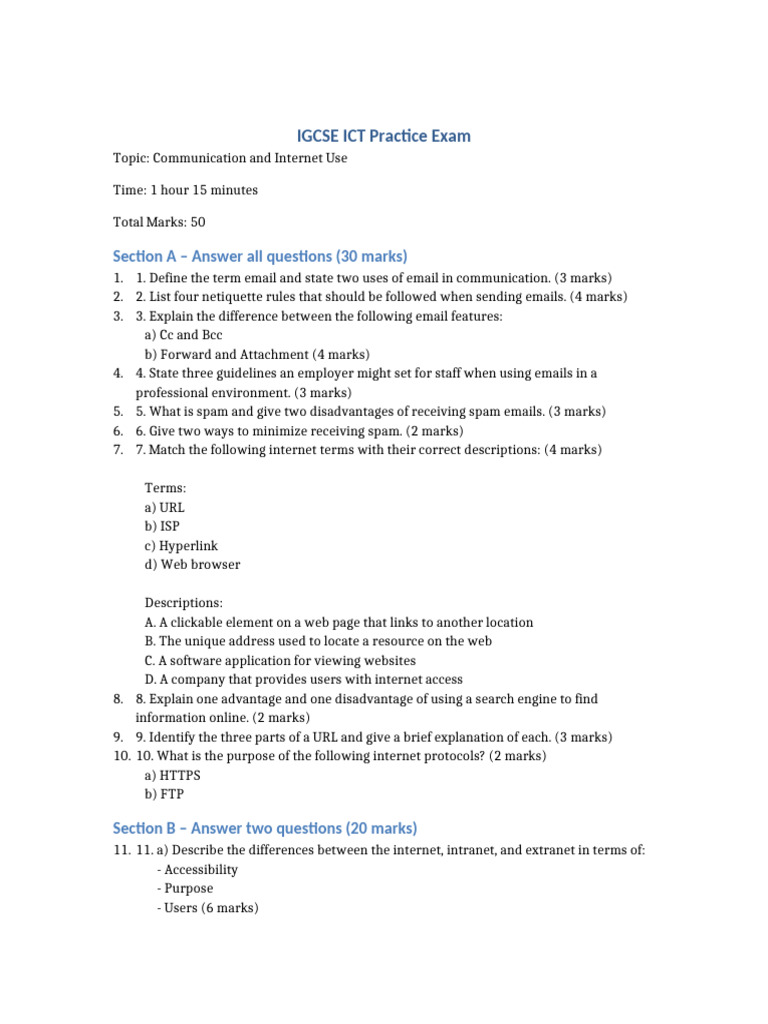 IGCSE ICT Communication Internet Practice Exam | PDF