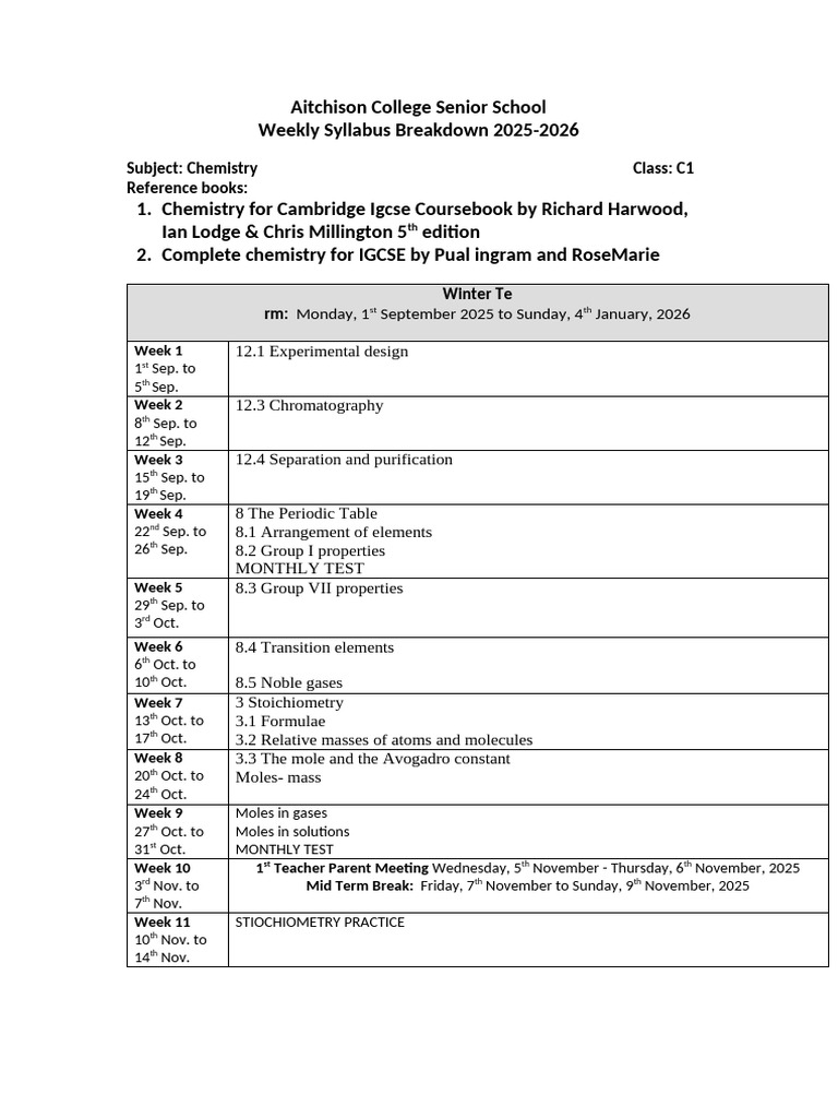 Chemistry C1 Weekly Syllabus Breakdown 2025-26 | PDF | Mole (Unit) | Chemistry