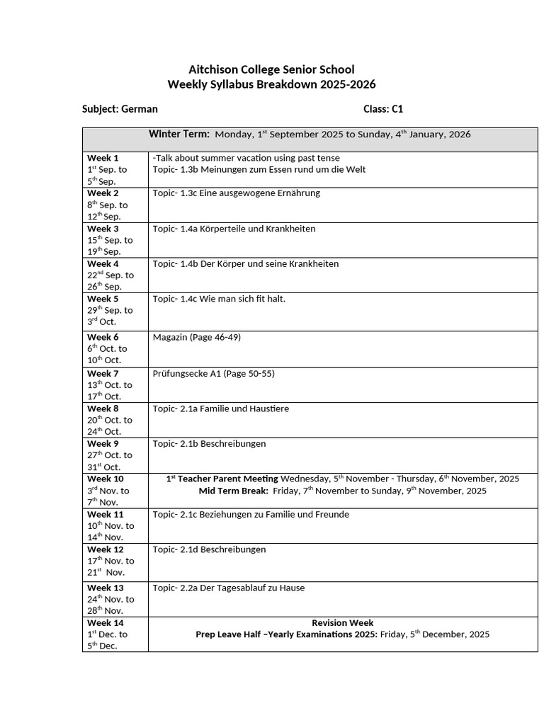 C1 German Weekly Syllabus Breakdown 2025 26 | PDF