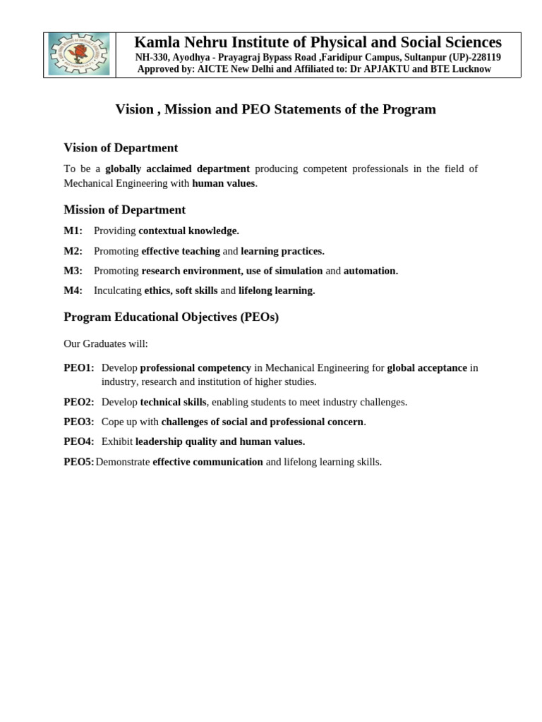 Vission, Mission & PEO Statement of The Program | PDF
