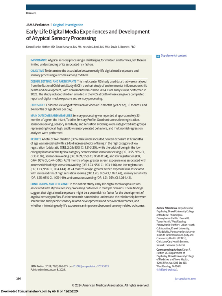 Early-Life Digital Media Experiences and Development of Atypical Sensory Processing | PDF ...