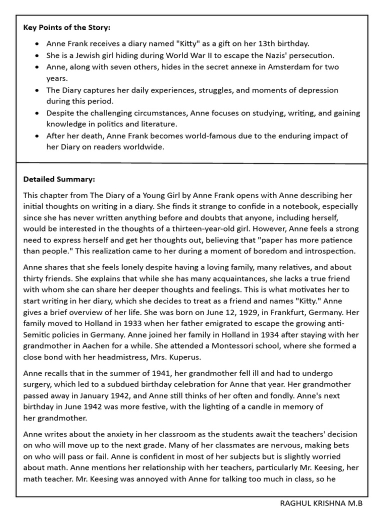From The Diary of Anne Frank Lesson Summary Class 10 English | PDF ...