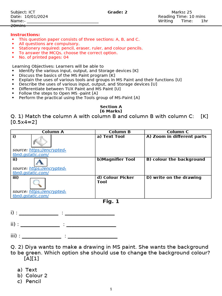 Periodic Test-2 Grade 2 ICT QP SET A | PDF | Drawing | Computing