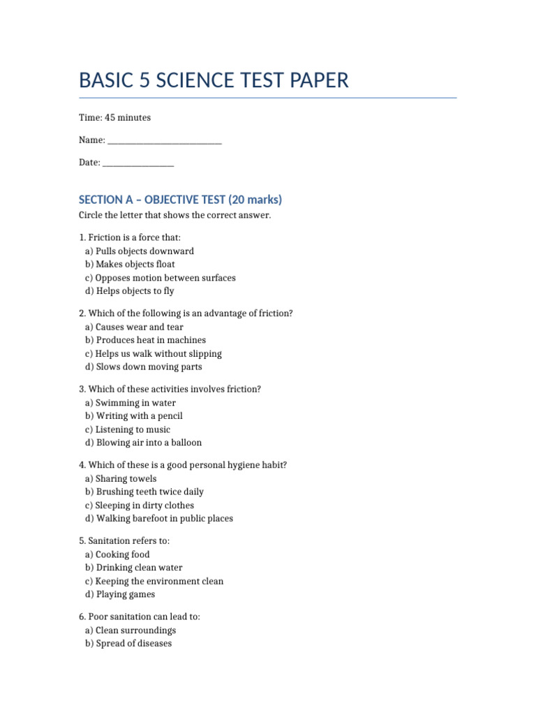 Basic Science Test Paper on Friction & Hygiene | PDF | Cholera | Hygiene