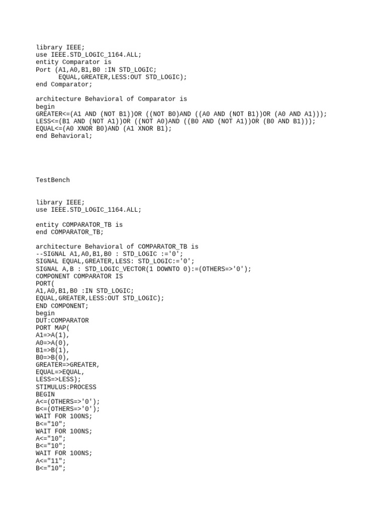 VHDL Comparator and Testbench Code | PDF