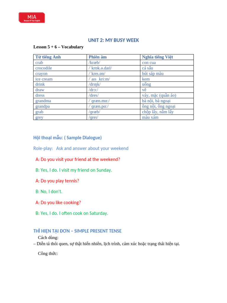 Unit 2 My Busy Week Full | PDF