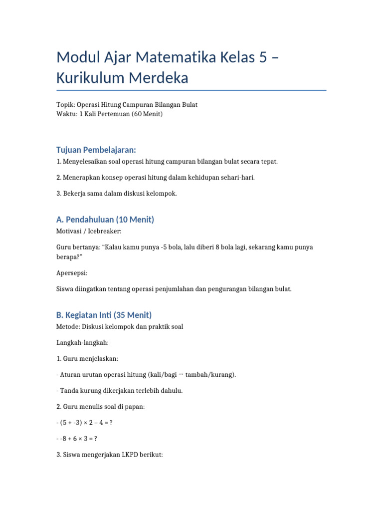 Modul Ajar Matematika Kelas 5 Operasi Hitung Campuran | PDF