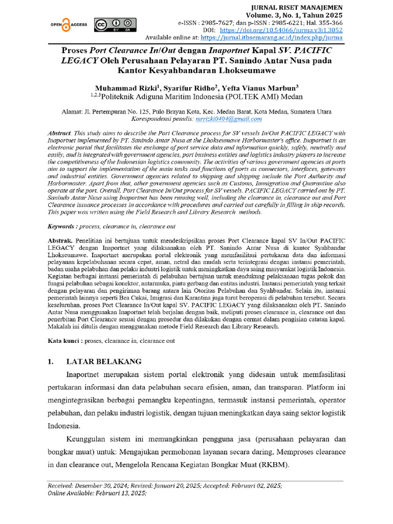 View of Proses Port Clearance in - Out Dengan Inaportnet Kapal SV. PACIFIC LEGACY Oleh ...