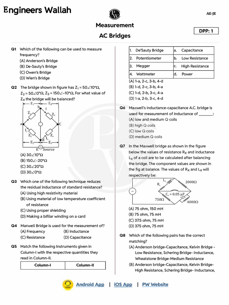AC Bridges - DPP 01 (English) | PDF | Inductance | Inductor