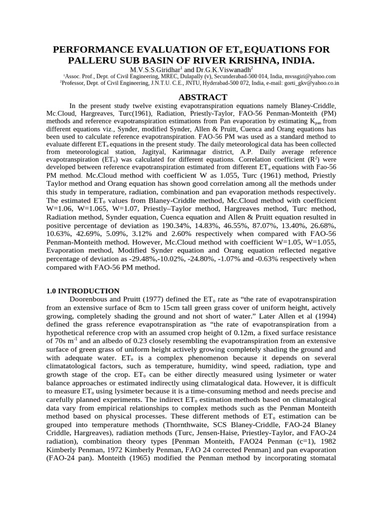 Performance Evaluation of Eto Equations | PDF | Evapotranspiration ...