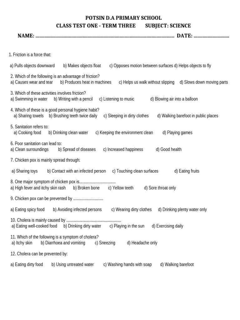 Health and Hygiene Class Test | PDF | Hygiene | Cholera