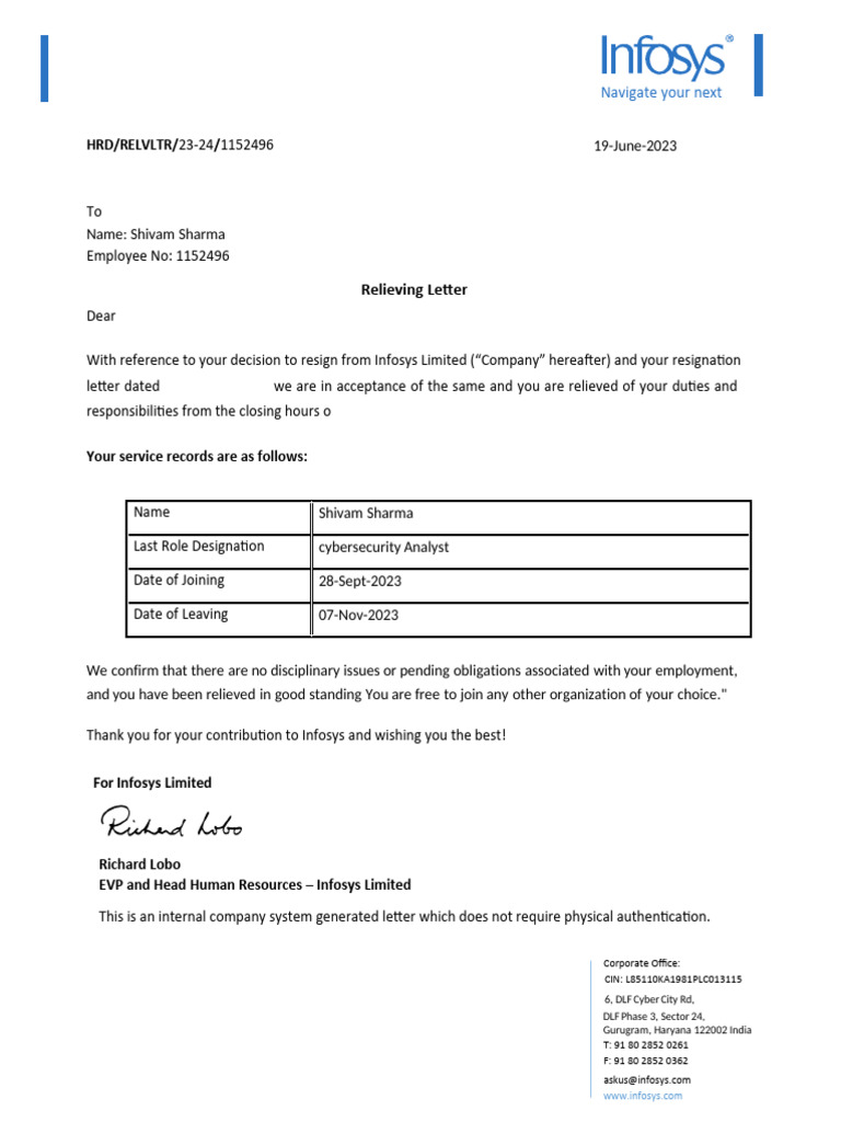Relieving Letter of Infosys | PDF