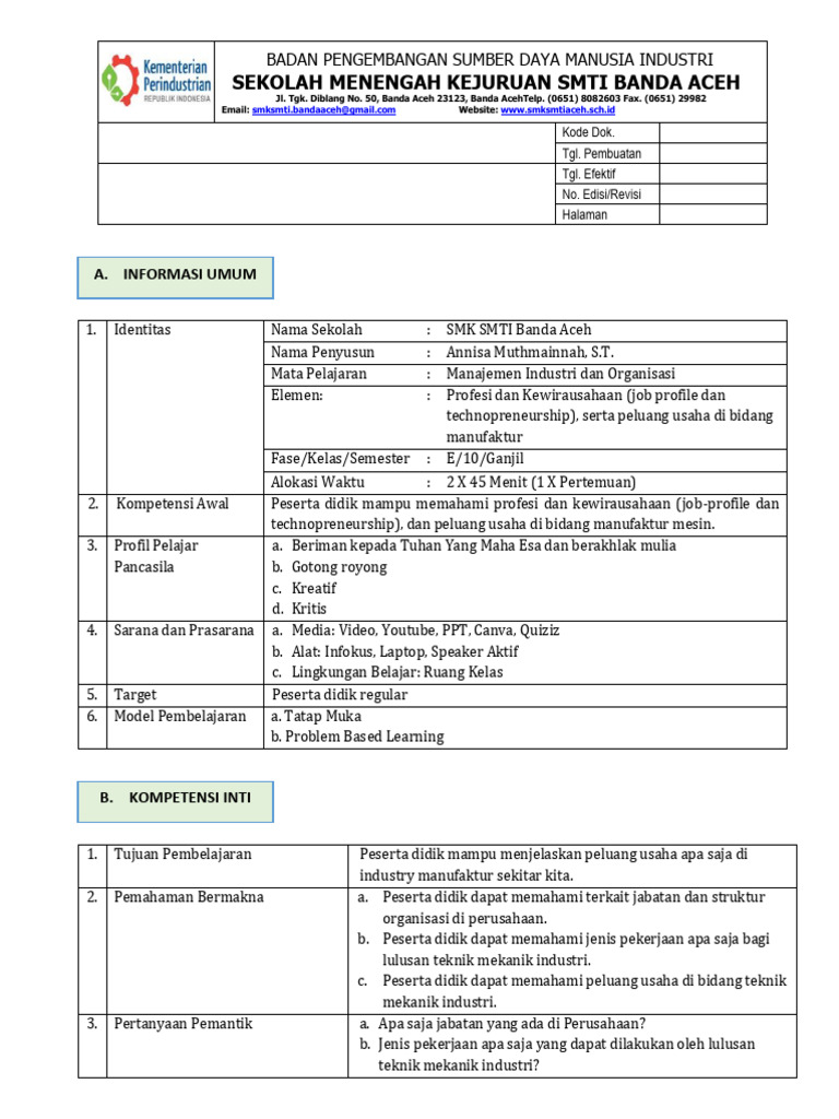 Modul Ajar Job Profile Tmi Ganjil 2024-2025 | PDF