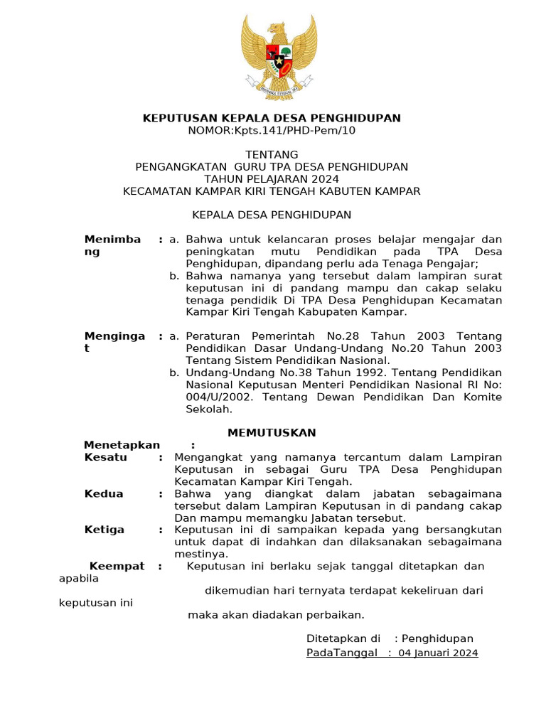 Pengangkatan Guru TPA Desa Penghidupan | PDF