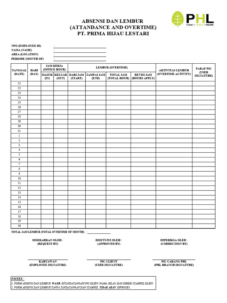 Form Absensi Dan Lembur Cleaner - Cabang | PDF