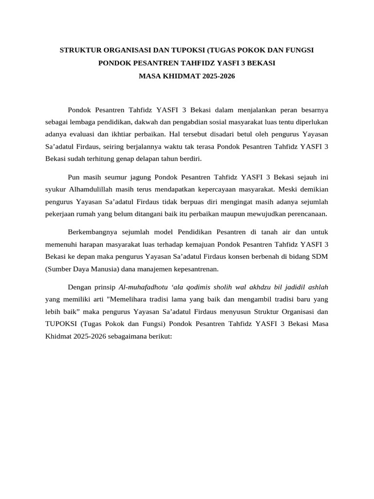 Struktur Organisasi Dan Tupoksi Yasfi | PDF