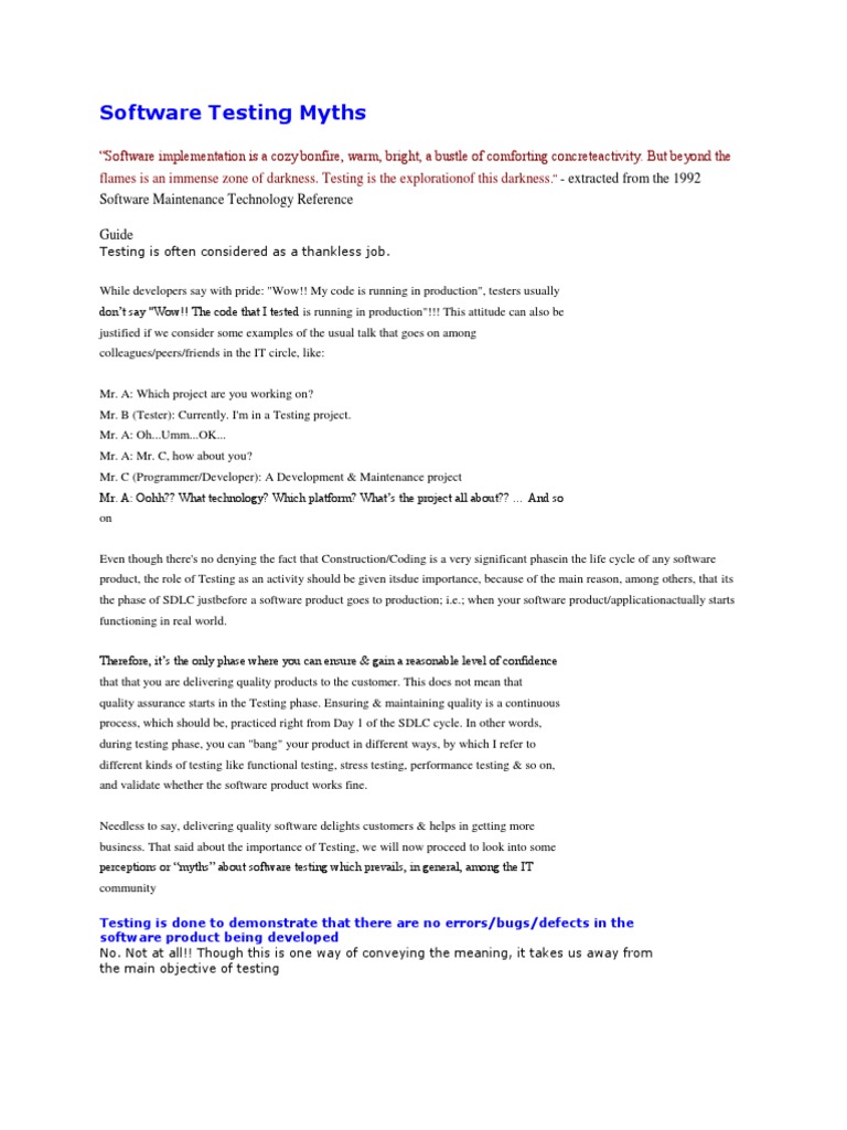 Software Testing Myths Pdf Software Testing Software Bug