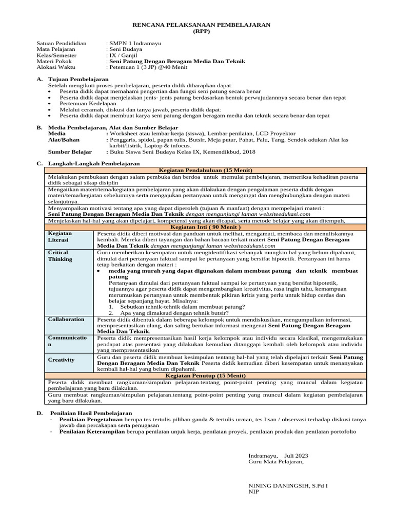 RPP 1 Lembar Seni Budaya Kelas 9 Seni Rupa | PDF