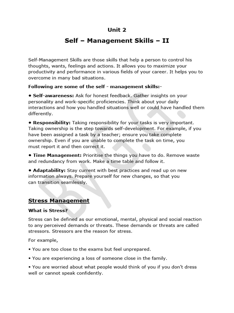 Unit 2 Self Management Skills - II | PDF | Stress (Biology) | Stress ...