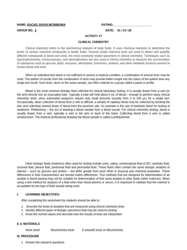 2020 Biochem Activity 17 GACAD | PDF | Coagulation | Anemia