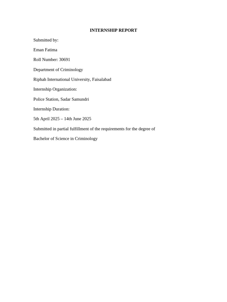 Eman Fatima Internship Report 12 Pages Complete | PDF | Police | Domestic Violence