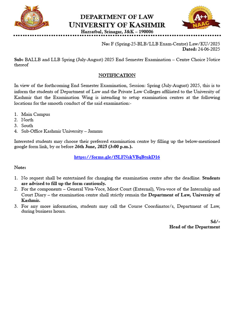 Centre Choice Notice BALLB and LLB | PDF