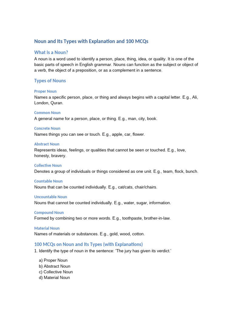 Noun and Types With 100 MCQs | PDF | Noun | English Grammar