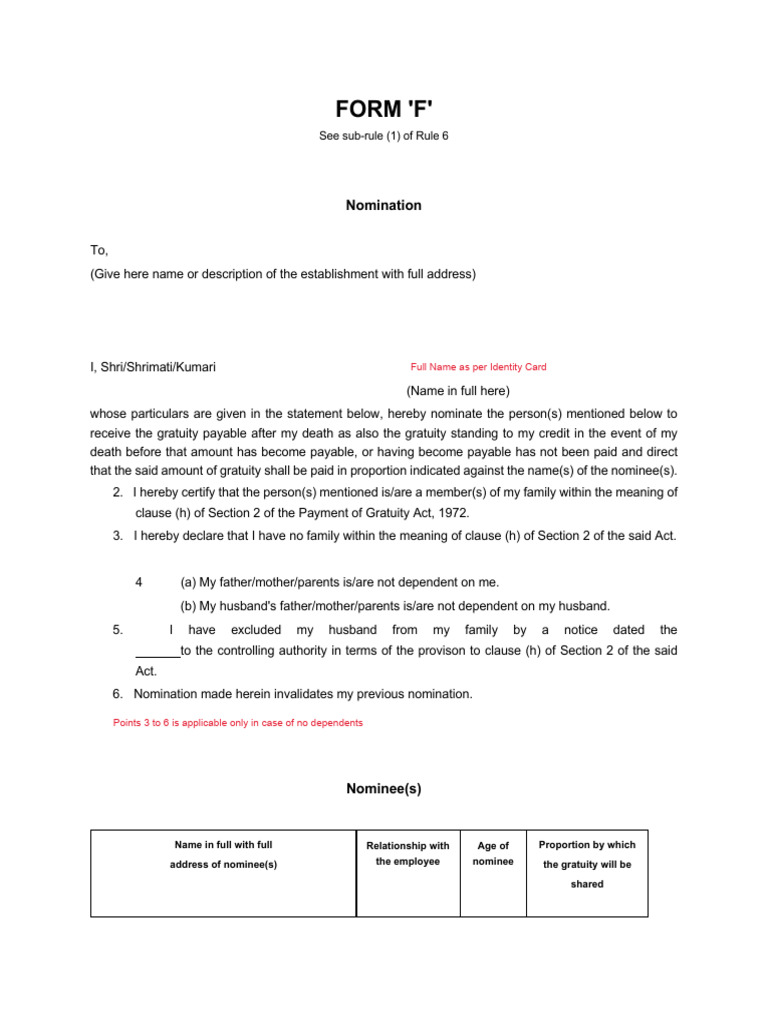 Filling Out Gratuity Form 'F' Guide | PDF