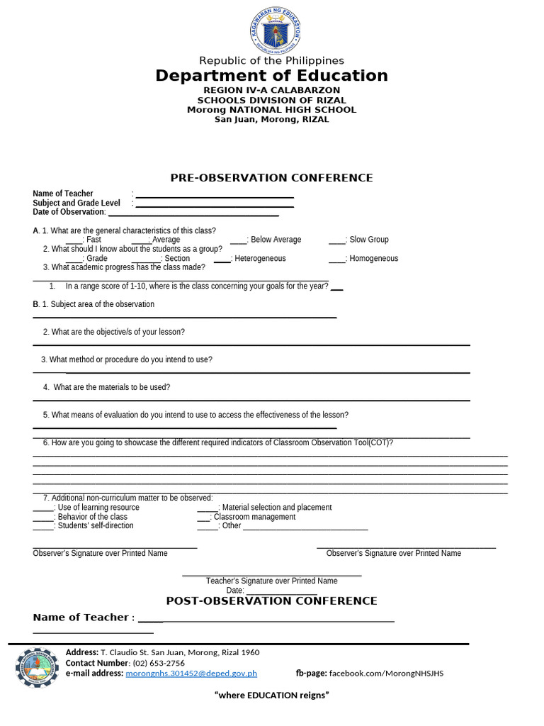 Pre and Post-Observation Conference Guide | PDF | Teachers | Learning