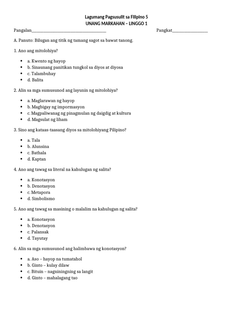 Lagumang Pagsusulit Filipino 5 q1 w1 | PDF