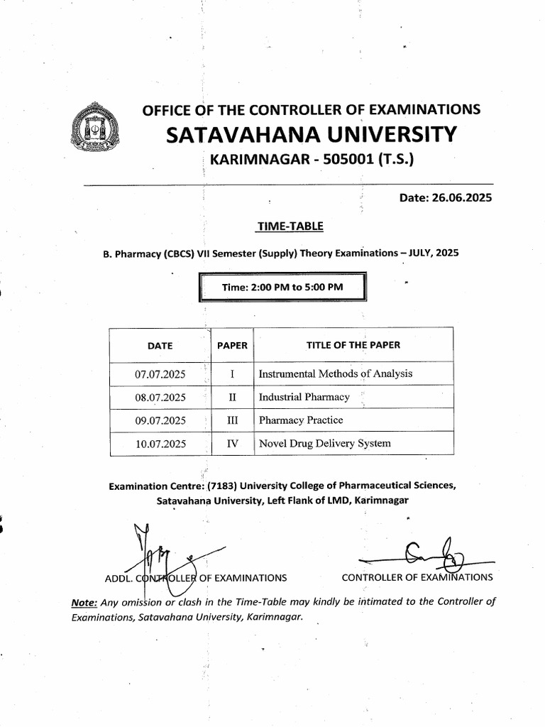 B.pharm (CBCS) - 7 Sem Supply Time Table - JULY - 2025 | PDF