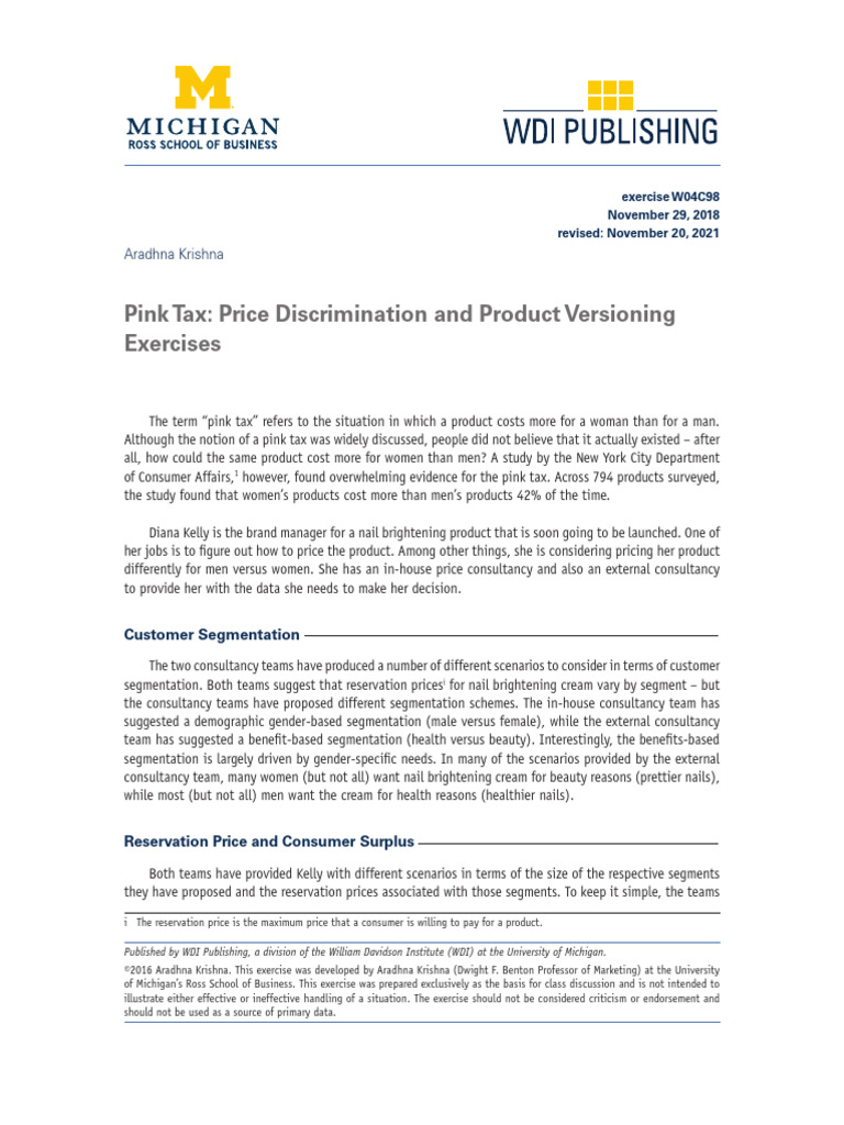 Pink Tax - Price Discrimination and Product Versioning Exercises | PDF | Market Segmentation ...