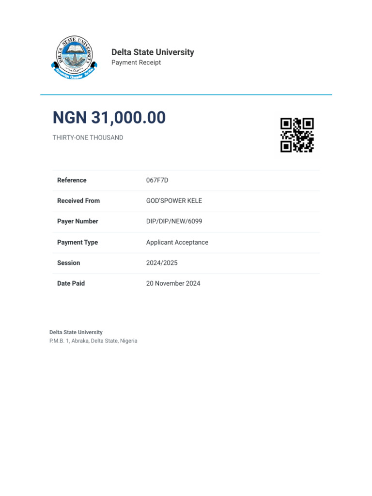 Delta State University: Payment Receipt | PDF