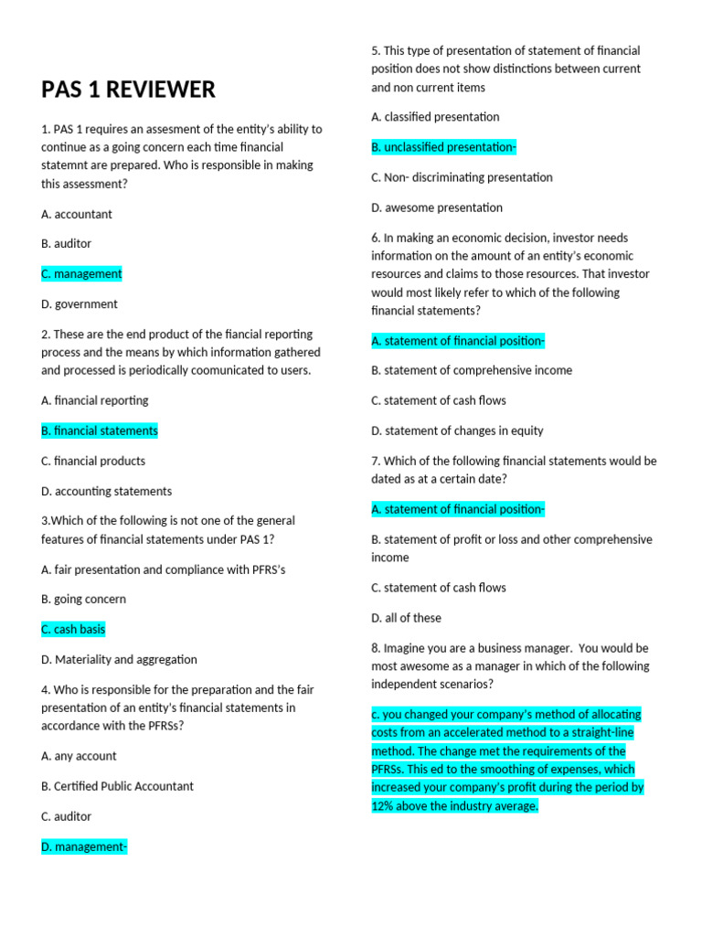 Pas 1 Reviewer | PDF | Going Concern | Financial Statement