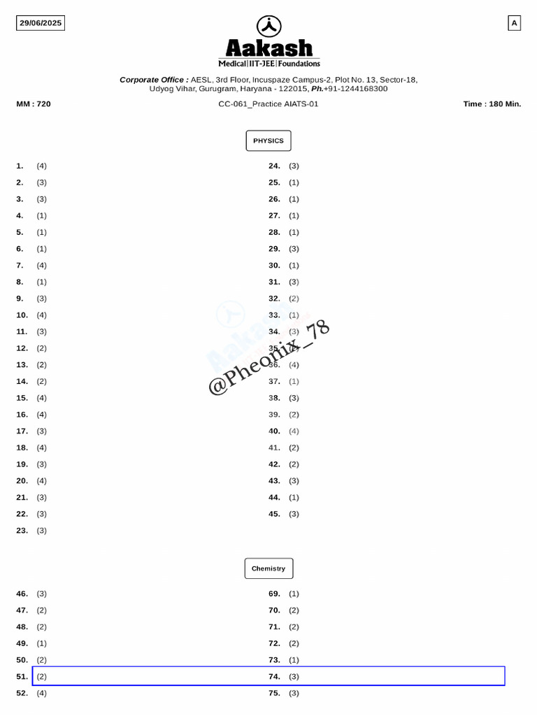 Practice AIATS - 01 OYM Batch Solution | PDF