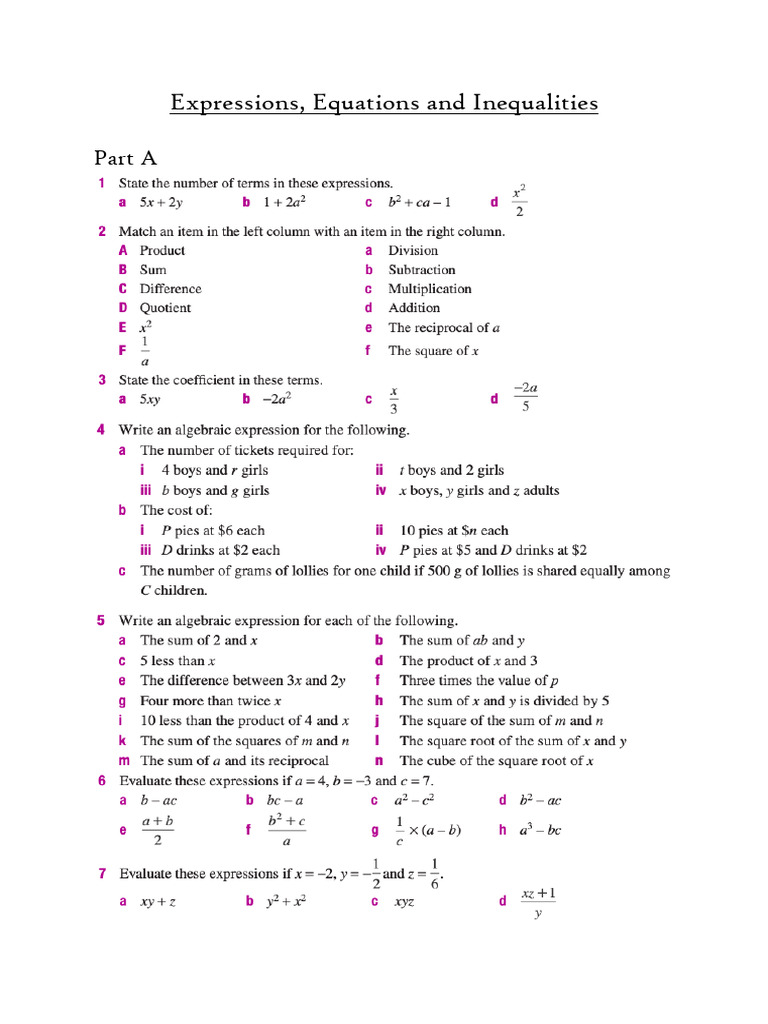 Y9 - Expressions, Equations and Inequalities (Exercises) | PDF