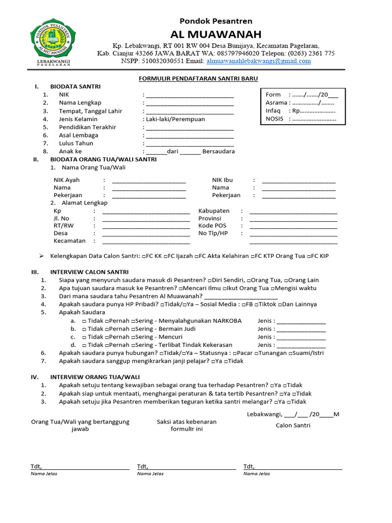 Contoh Formulir Interview Santri Baru | PDF