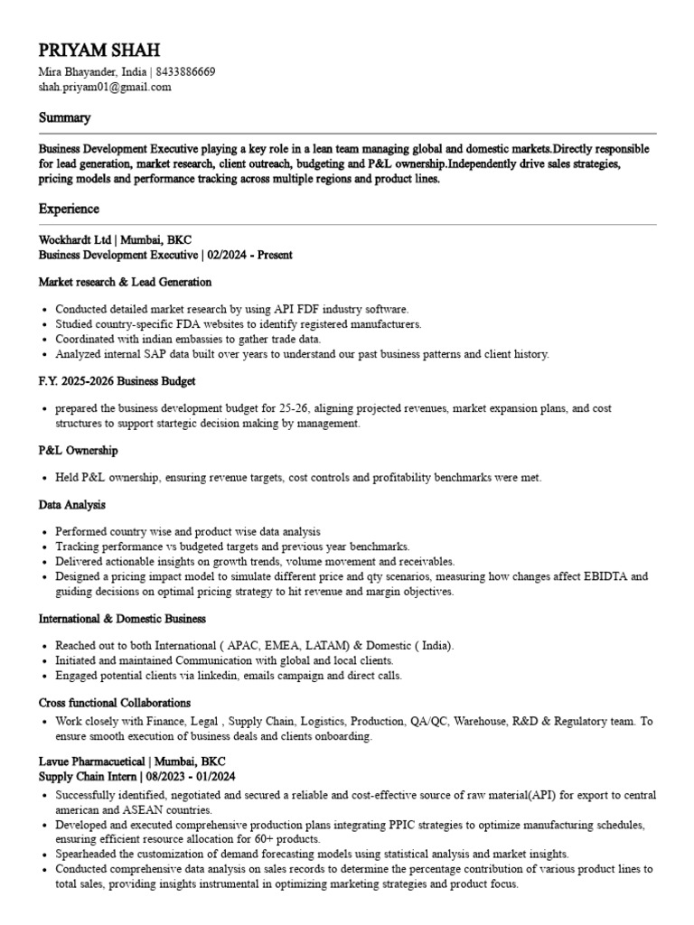 Priyam Shah-Business Development-CV | PDF | Marketing Research | Supply Chain
