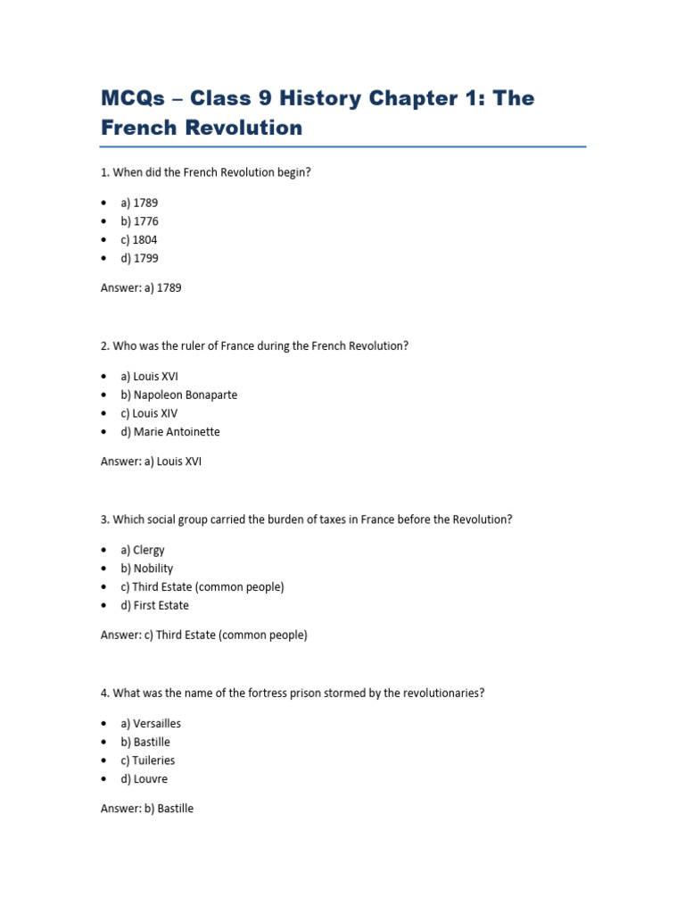 MCQs French Revolution Class9 | PDF | French Revolution | France