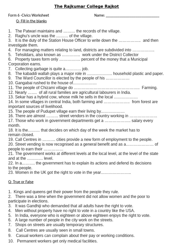 Civics Worksheet for Rajkumar College | PDF