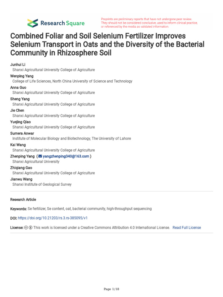 Combined Foliar and Soil Selenium Fertilizer Impro | PDF | Soil | Fertilizer