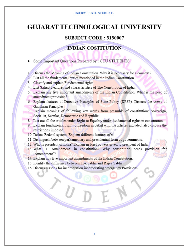 Indian Costitution Imp Que by Gtu Students | PDF | Constitution | Justice