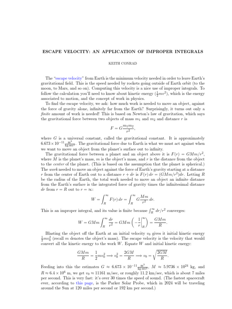 Escape Velocity - An Application of Improper Integrals | PDF | Force | Gravity