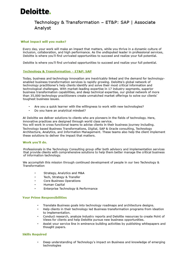 Associate Analyst Role at Deloitte ET&P | PDF | Cloud Computing | Business