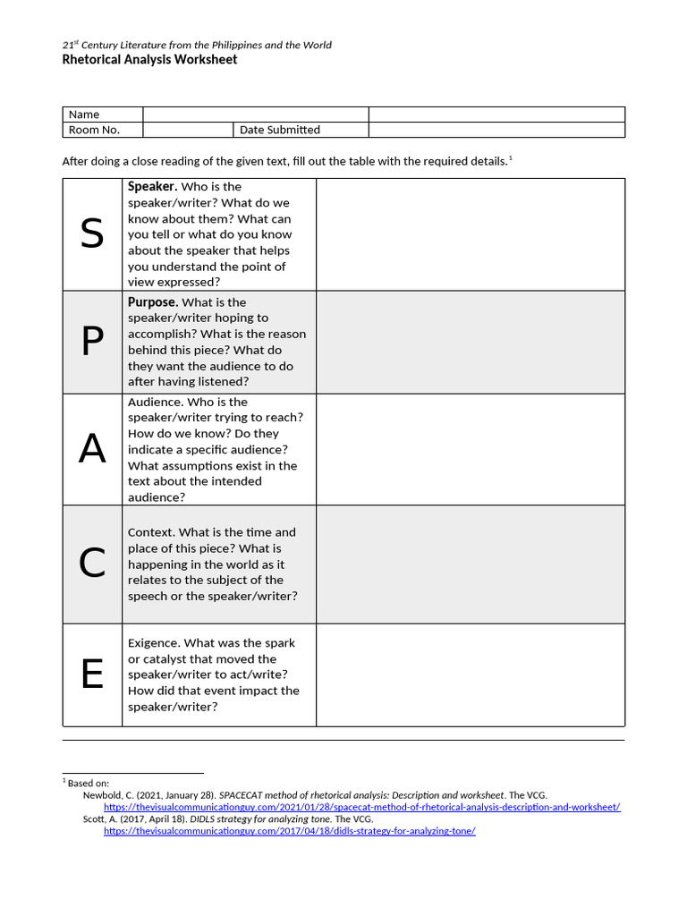 Worksheet For Rhetorical Analysis | PDF | Rhetoric | Linguistics