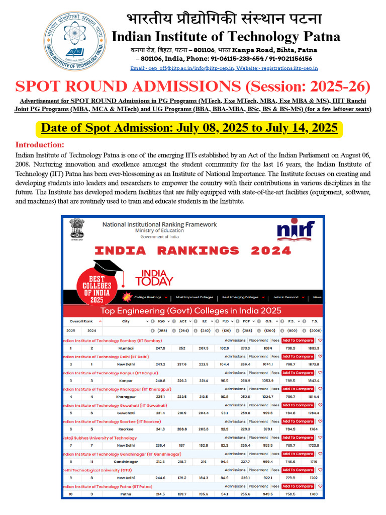 IIT Patna MTech Spot Admission 2025 | PDF | Master Of Science ...