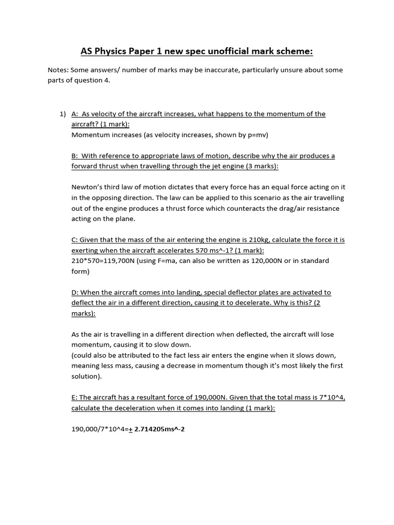 As Physics Paper 1 New Spec Unofficial Mark Scheme | PDF | Deformation (Engineering) | Atoms