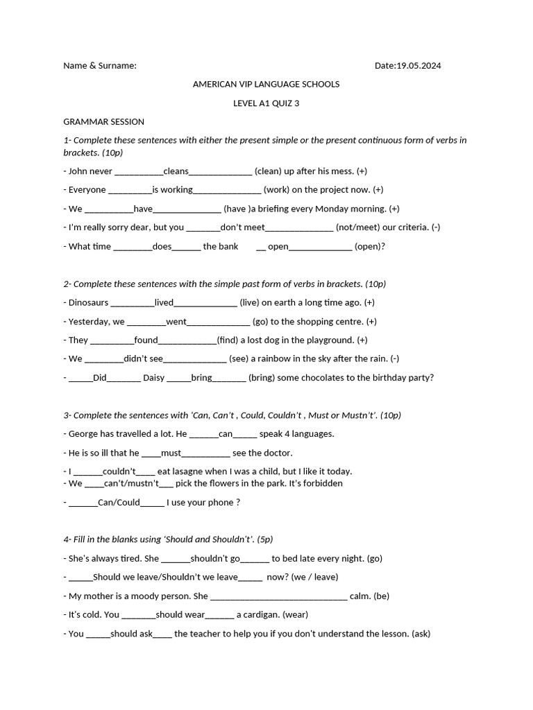 A1 Grammar and Vocabulary Quiz | PDF | Grandparent | Linguistics