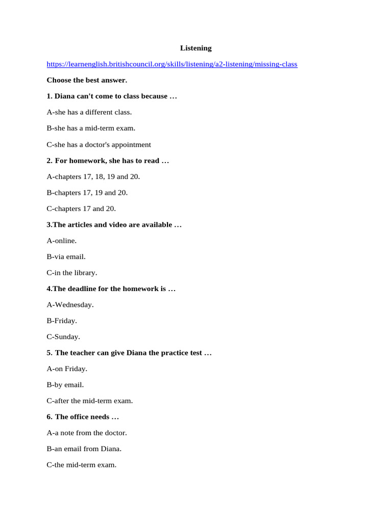 A2 Listening Exercise: Missing Class | PDF