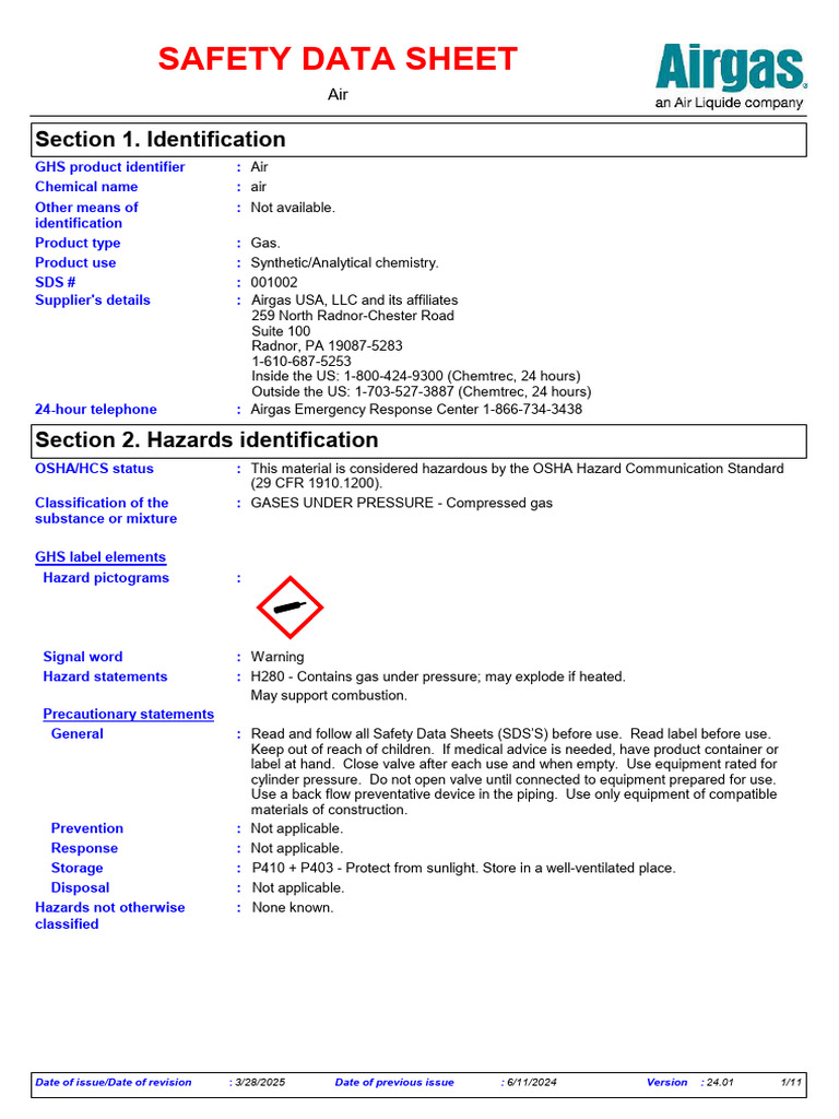 MSDS Un1002 Compressed Air | PDF | Safety | Occupational Safety And Health